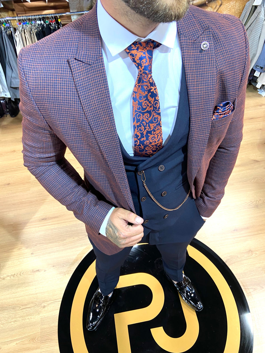 Gazza - Burnt Orange/Navy 3 Piece Suit – Pal Joey